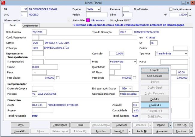 LF - Como Fazer - Nota Fiscal Transferência de ICMS - CIGAM WIKI